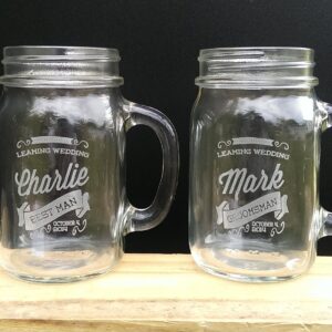 ONE Retro Personalized Mason Jars Drinking Mugs with Handle Engraved Custom Etched with Name and Date for Wedding, Engagement Anniversary Bridal Party Gift Favor Groomsmen Bridesmaids Gifts Gift Idea