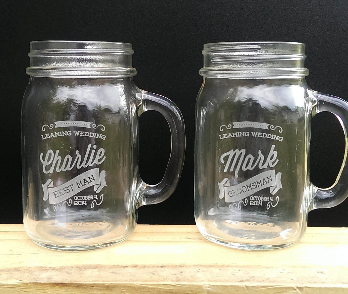 ONE Retro Personalized Mason Jars Drinking Mugs with Handle Engraved Custom Etched with Name and Date for Wedding, Engagement Anniversary Bridal Party Gift Favor Groomsmen Bridesmaids Gifts Gift Idea