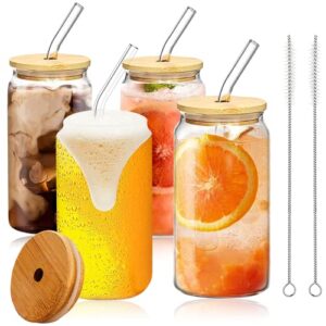 muazida can shaped glass cups with lids and straws, iced coffee tumbler, glass cup with bamboo lid and straw, set 4pcs 16 oz beer glasses, gift 2 cleaning brushes, straw case