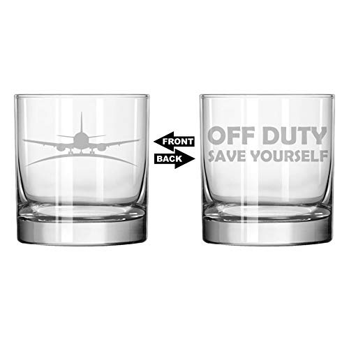 11 oz Rocks Whiskey Highball Glass Two Sided Airplane Pilot Flight Attendant Off Duty Save Yourself