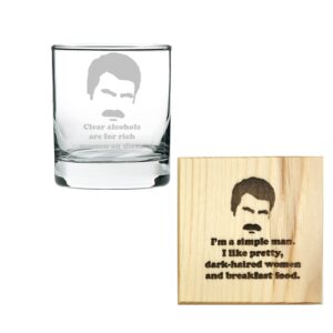 brindle southern farms ron swanson rocks glass and coaster gift set of 2: funny ron swanson quotes, parks and rec fan engraved barware drinking glass, clear alcohols, i'm a simple man