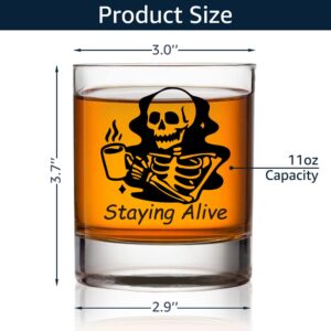 TOUNER Staying Alive Whiskey Glasses, Halloween Skull Whiskey Glass, Funny Birthday Gifts For Men, Funny Gift For Husband Dads Grandpa, Unique Gift For Men, Halloween Christmas Gift For Her Him