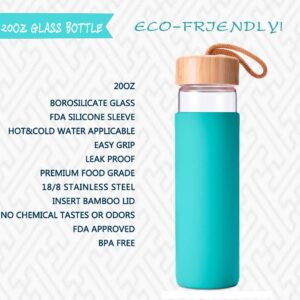 Yomious 20oz Borosilicate Glass Water Bottle with Bamboo Lid and Silicone Sleeve – Reusable BPA Free – Glass Drinking Bottle with Lids - Bundle of 2