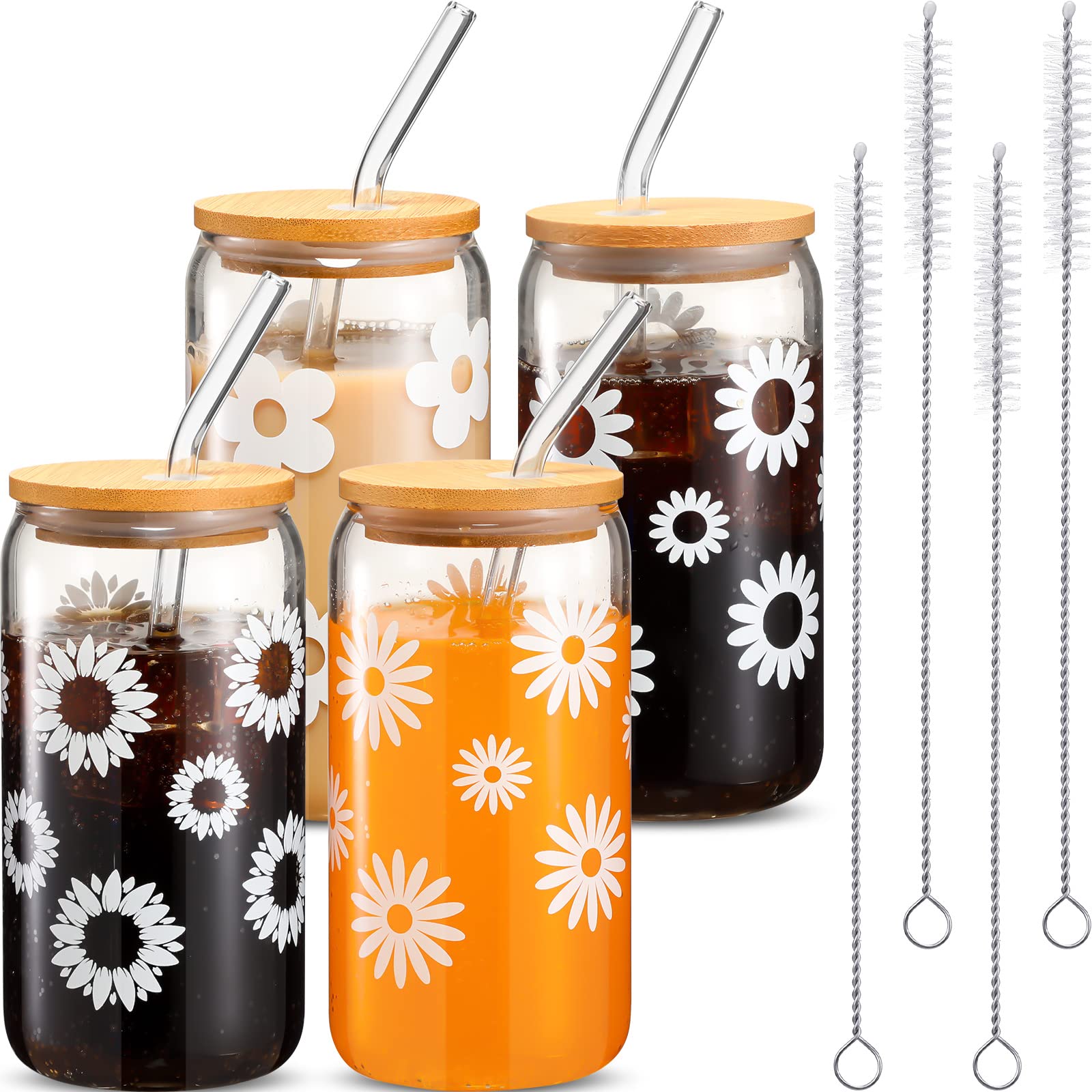 4 Pcs Iced Coffee Cup with Bamboo Lids and Straws 16 oz Flower Beer Can Butterfly Can Shaped Glasses Cup Thank You Gift Cup Mother's Day, Birthday Gift for Social Worker Women Mom Girl(Flower)