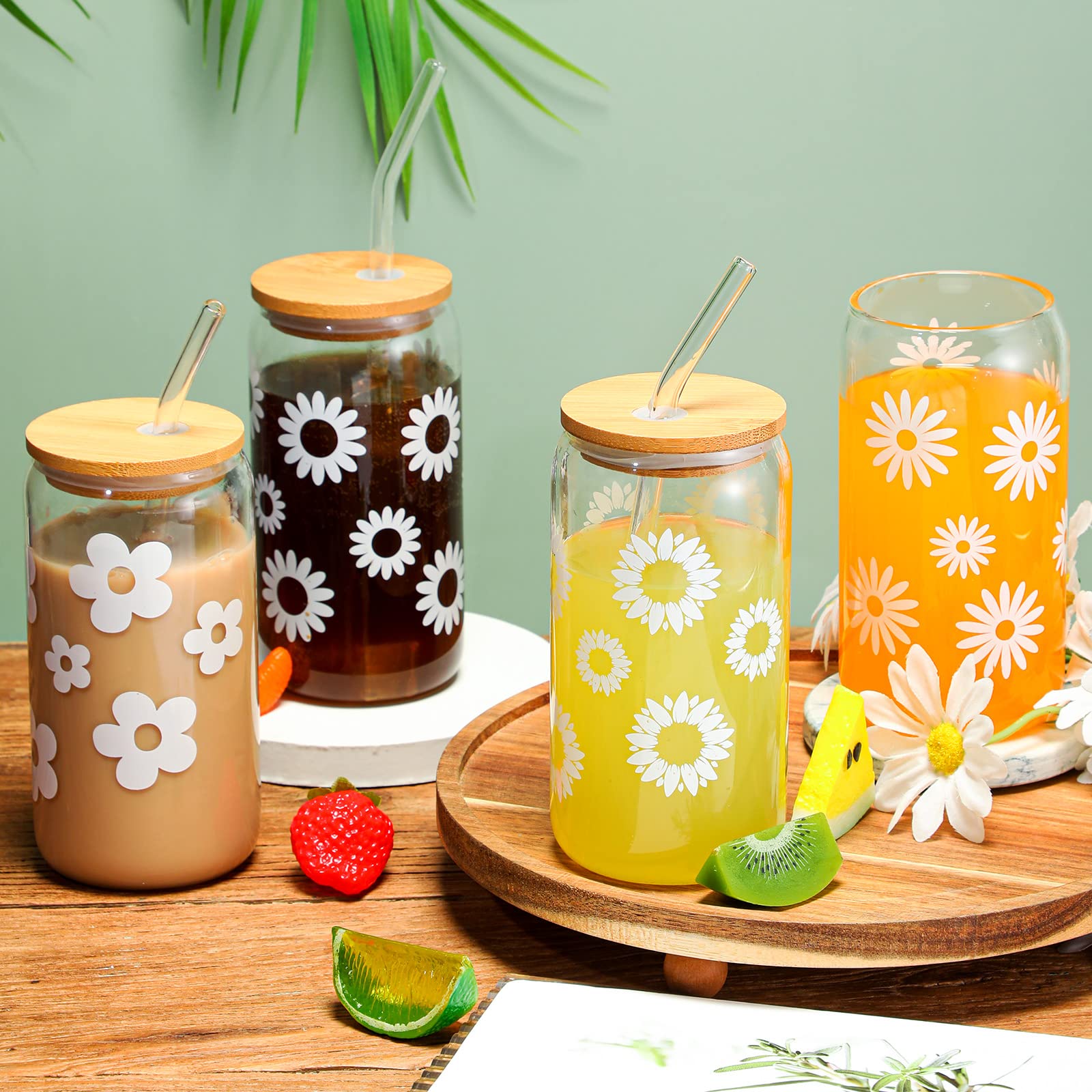 4 Pcs Iced Coffee Cup with Bamboo Lids and Straws 16 oz Flower Beer Can Butterfly Can Shaped Glasses Cup Thank You Gift Cup Mother's Day, Birthday Gift for Social Worker Women Mom Girl(Flower)