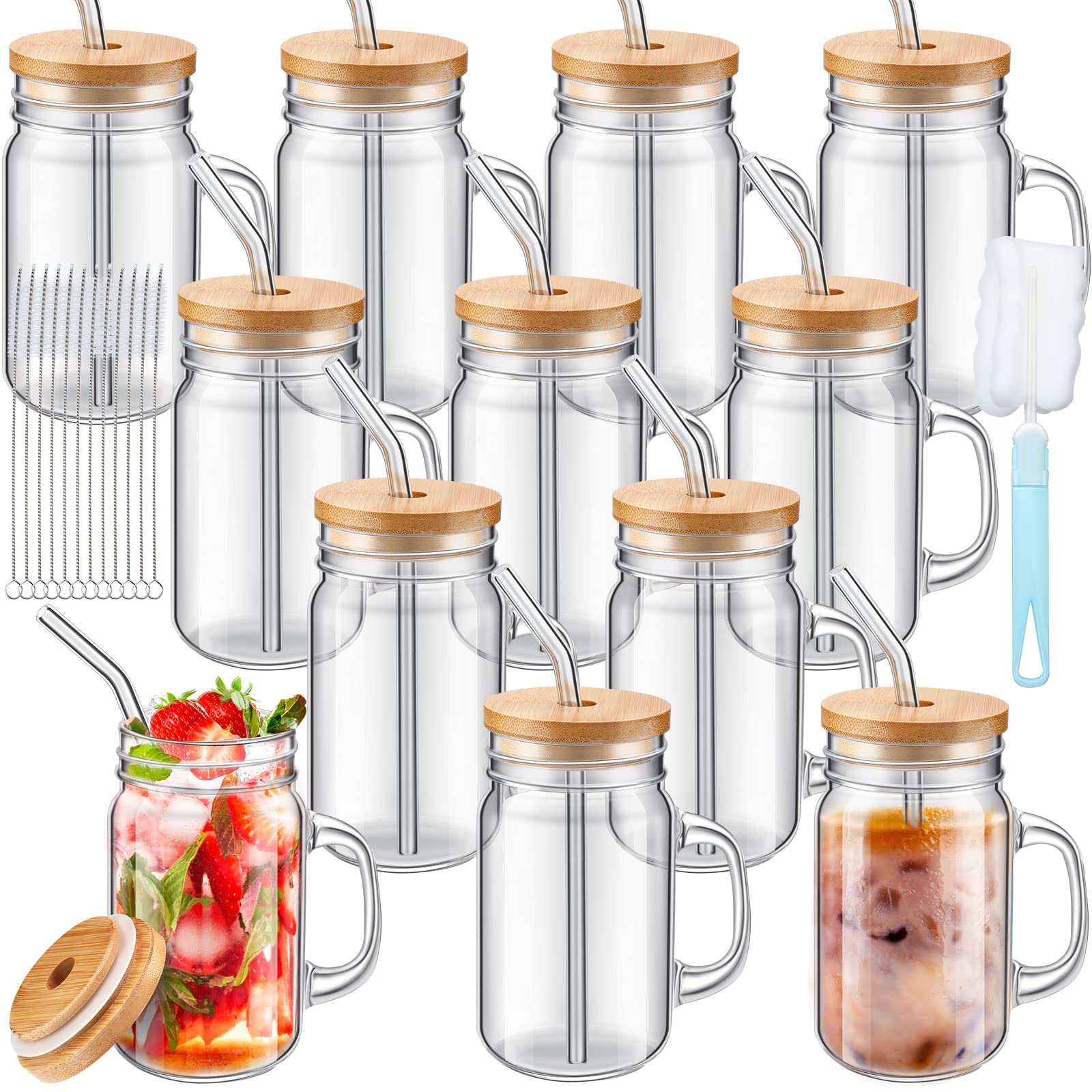 12 Set Mason Jar Cups Mason Jars with Handle Glass Cups with Lids and Straws Reusable Mason Jar Drinking Glasses Wide Mouth Mason Jar Mugs with Cup Cleaning Brush for Iced Coffee Smoothie Tea (16 oz)