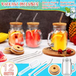 12 Set Mason Jar Cups Mason Jars with Handle Glass Cups with Lids and Straws Reusable Mason Jar Drinking Glasses Wide Mouth Mason Jar Mugs with Cup Cleaning Brush for Iced Coffee Smoothie Tea (16 oz)