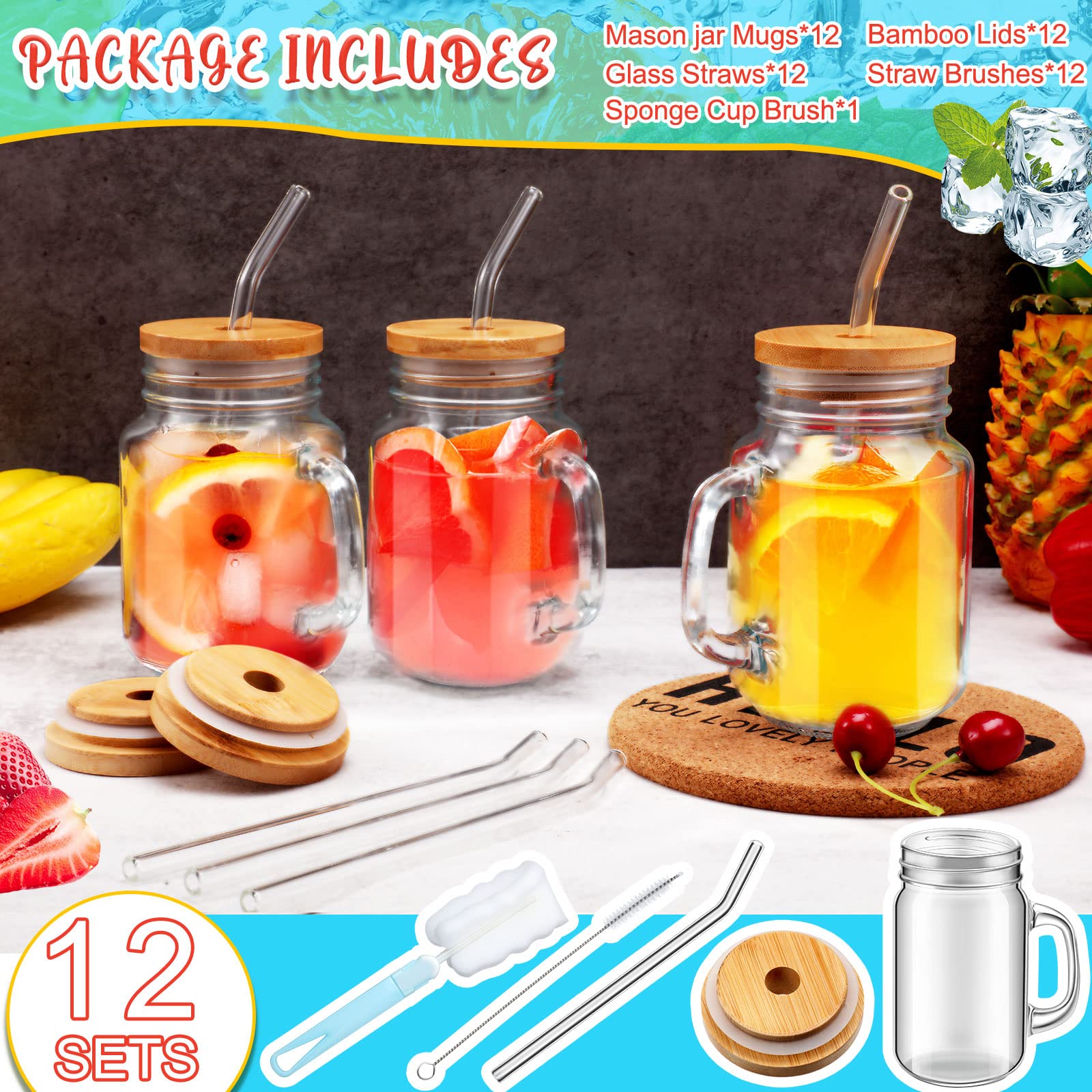 12 Set Mason Jar Cups Mason Jars with Handle Glass Cups with Lids and Straws Reusable Mason Jar Drinking Glasses Wide Mouth Mason Jar Mugs with Cup Cleaning Brush for Iced Coffee Smoothie Tea (16 oz)