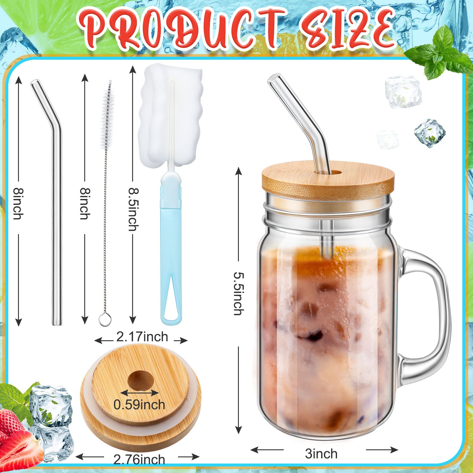 12 Set Mason Jar Cups Mason Jars with Handle Glass Cups with Lids and Straws Reusable Mason Jar Drinking Glasses Wide Mouth Mason Jar Mugs with Cup Cleaning Brush for Iced Coffee Smoothie Tea (16 oz)