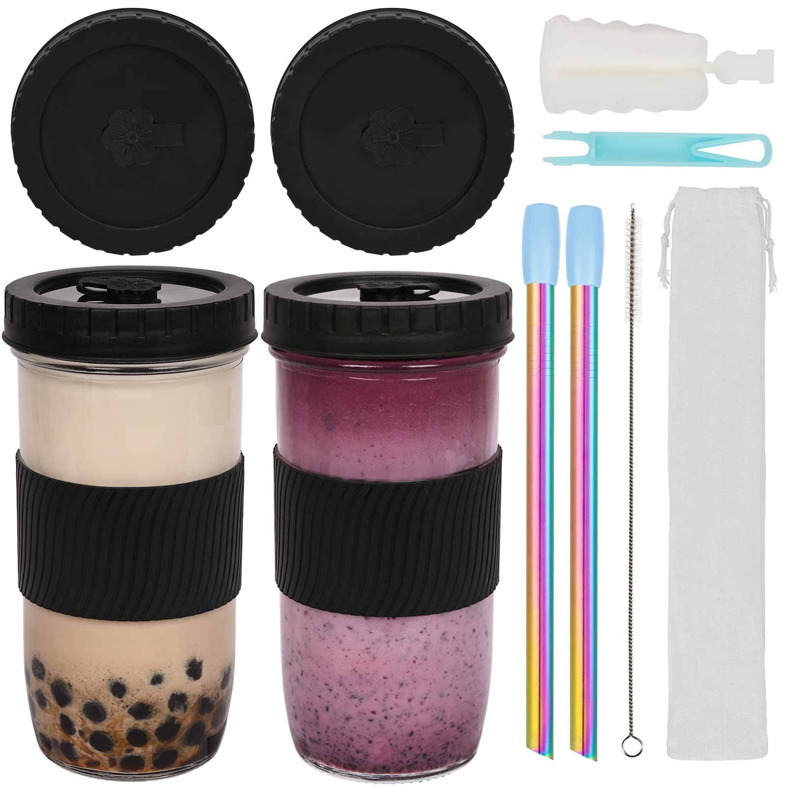 UHAPEER 2 Pack Reusable Boba Cup Bubble Tea Cups, 24 OZ Boba Tea Cup Boba Cups and Lids and Straw, Mason Jar Silicone Sleeve, Glass Iced Coffee Cup, Smoothie Cups with Lids, Glass Bottles for Juicing