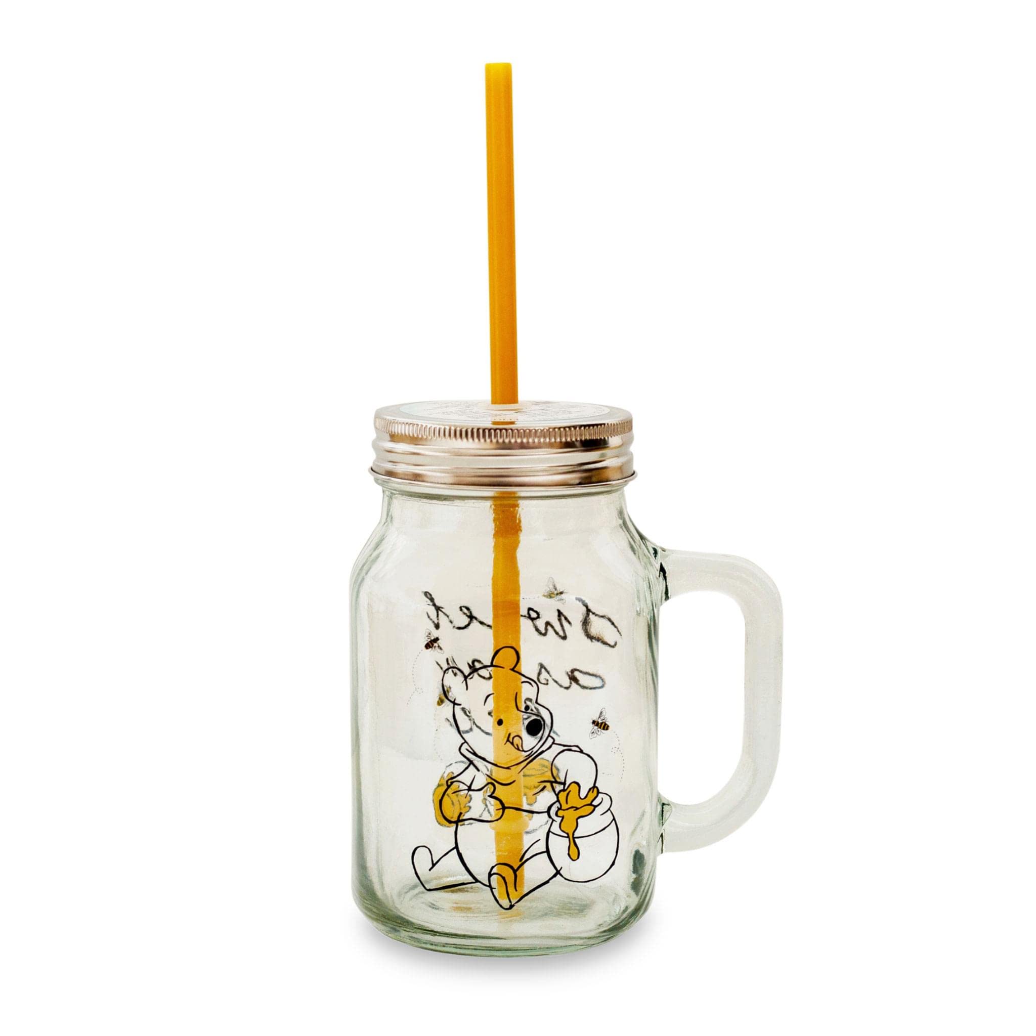 Toynk Winnie the Pooh Sweet as Can Bee 21 Ounce Glass Mason Jar With Lid and Straw