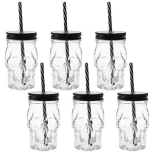 topzea 6 pack mason jars mugs, 16 oz glass skull mason drinking mugs tumbler cup with straws old fashioned jar drinking glasses heavy base for beverage, brandy, liquor, jello