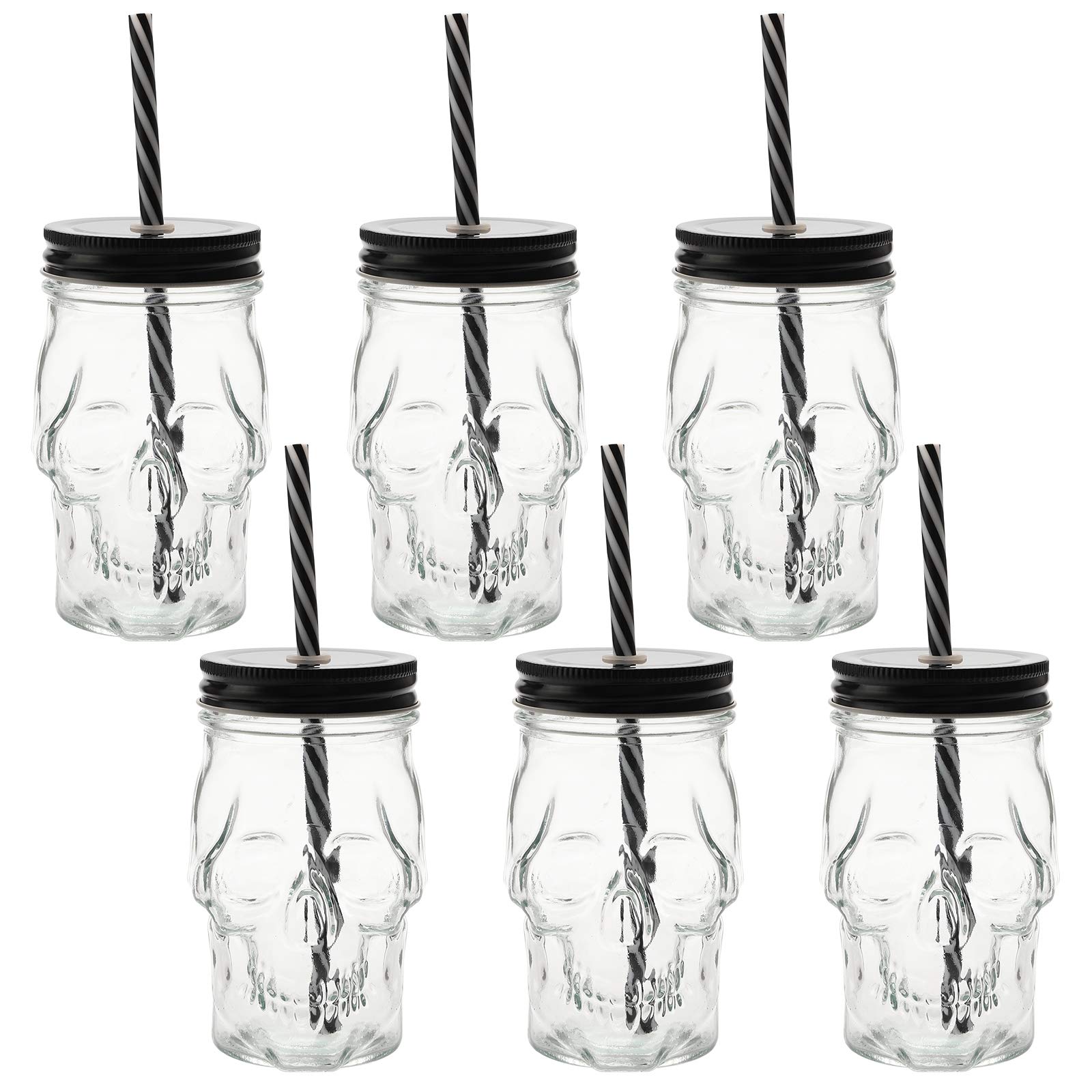 TOPZEA 6 Pack Mason Jars Mugs, 16 oz Glass Skull Mason Drinking Mugs Tumbler Cup with Straws Old Fashioned Jar Drinking Glasses Heavy Base for Beverage, Brandy, Liquor, Jello