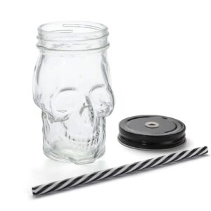 TOPZEA 6 Pack Mason Jars Mugs, 16 oz Glass Skull Mason Drinking Mugs Tumbler Cup with Straws Old Fashioned Jar Drinking Glasses Heavy Base for Beverage, Brandy, Liquor, Jello