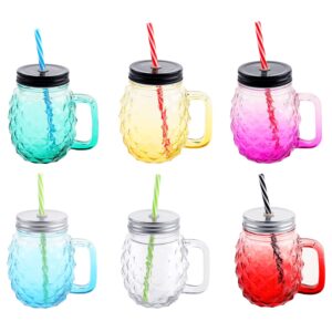 mygift 17 oz mason jar mug glasses with handles, straws & lids - colorful pineapple-shaped reusable drinking glass, set of 6