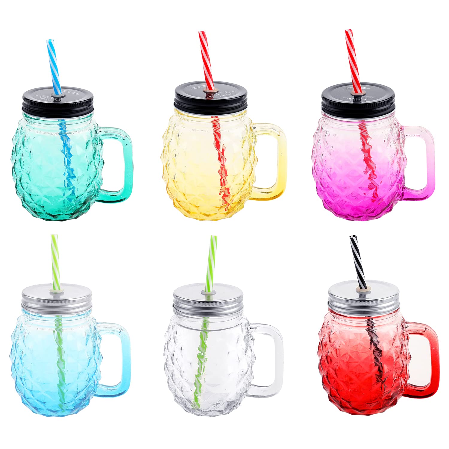 MyGift 17 oz Mason Jar Mug Glasses with Handles, Straws & Lids - Colorful Pineapple-Shaped Reusable Drinking Glass, Set of 6