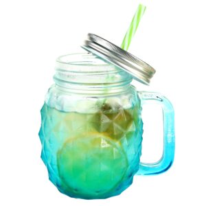 MyGift 17 oz Mason Jar Mug Glasses with Handles, Straws & Lids - Colorful Pineapple-Shaped Reusable Drinking Glass, Set of 6