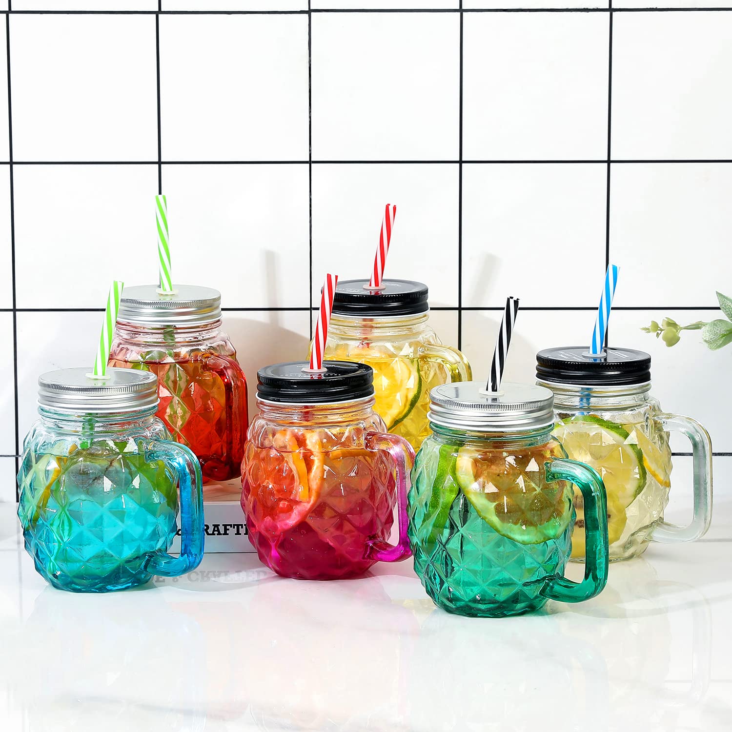 MyGift 17 oz Mason Jar Mug Glasses with Handles, Straws & Lids - Colorful Pineapple-Shaped Reusable Drinking Glass, Set of 6