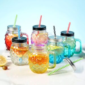 MyGift 17 oz Mason Jar Mug Glasses with Handles, Straws & Lids - Colorful Pineapple-Shaped Reusable Drinking Glass, Set of 6