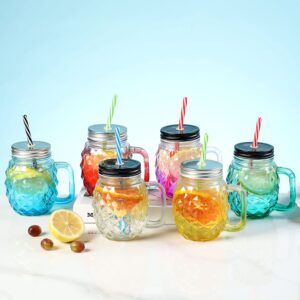 MyGift 17 oz Mason Jar Mug Glasses with Handles, Straws & Lids - Colorful Pineapple-Shaped Reusable Drinking Glass, Set of 6