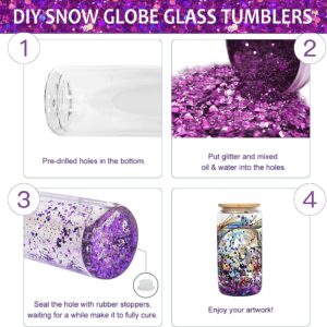 AGH 4 Pack Sublimation Double Wall Glass Blanks 16 oz Pre Drilled Sublimation Snow Globe Glass Tumbler With Bamboo Lid and Straw Reusable Clear Beer Can Mason Jar Mug for Snow Globe Glitter DIY