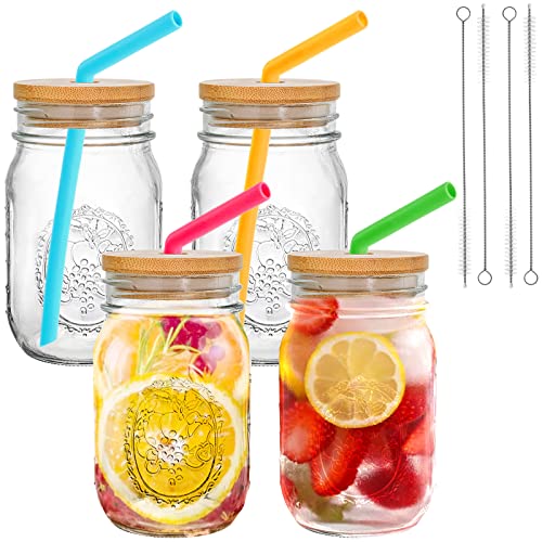 Nicunom 4 Pack Mason Jar Cups with Bamboo Lids, 16OZ Wide Mouth Smoothie Cups Mason Jar Drinking Glass Cups with Straw, Travel Tumbler for Bubble Tea, Smoothie, Juice, Iced Coffee