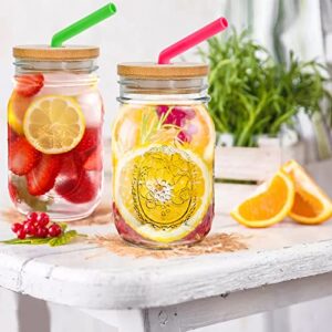 Nicunom 4 Pack Mason Jar Cups with Bamboo Lids, 16OZ Wide Mouth Smoothie Cups Mason Jar Drinking Glass Cups with Straw, Travel Tumbler for Bubble Tea, Smoothie, Juice, Iced Coffee