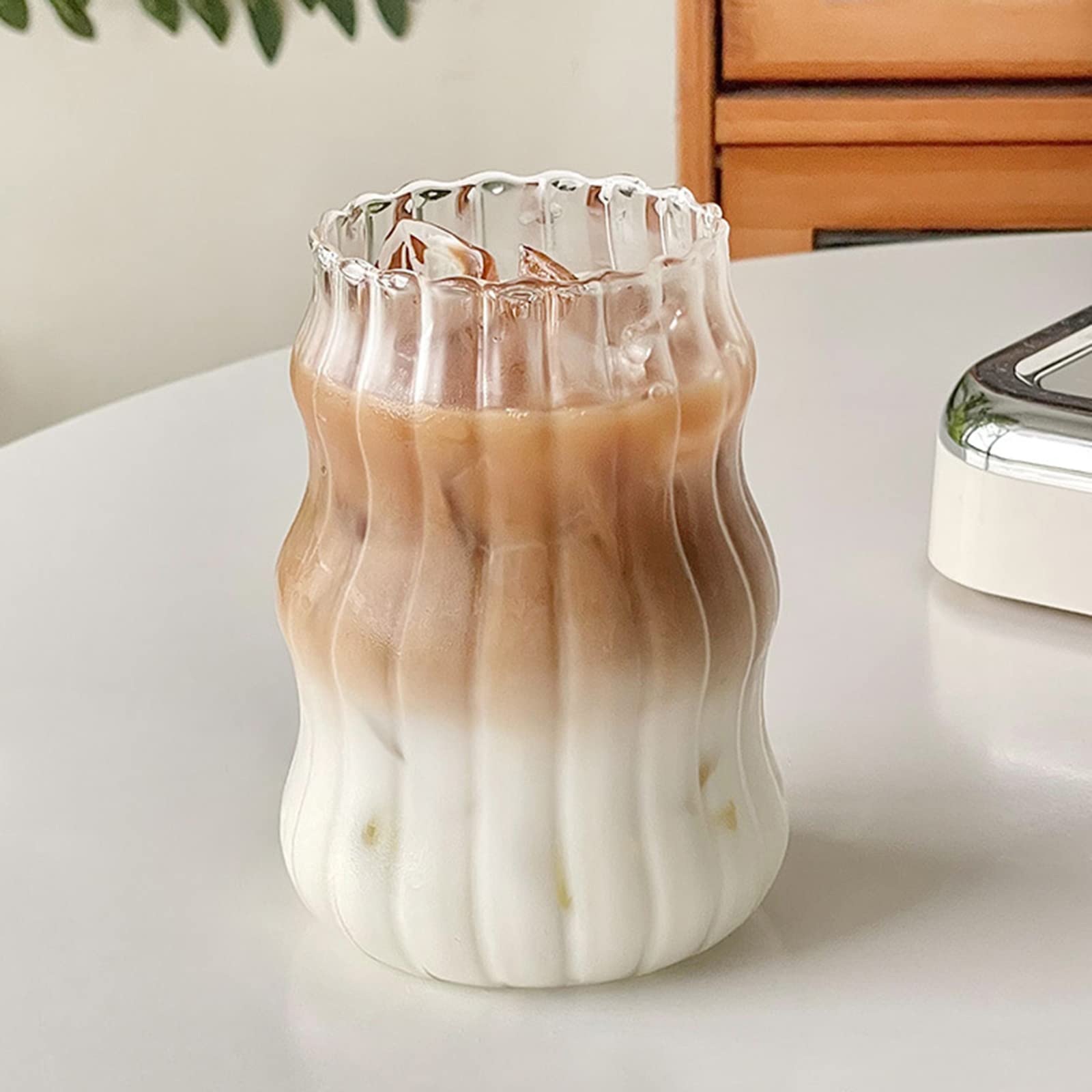 Iced Coffee Cup with Straw 18 oz Glass Clear Ripple Coffee Mug with Glass Straw and Straw Cleaner Brush Ribbed Glassware Boba Cup Smoothie Cup Water Glasses