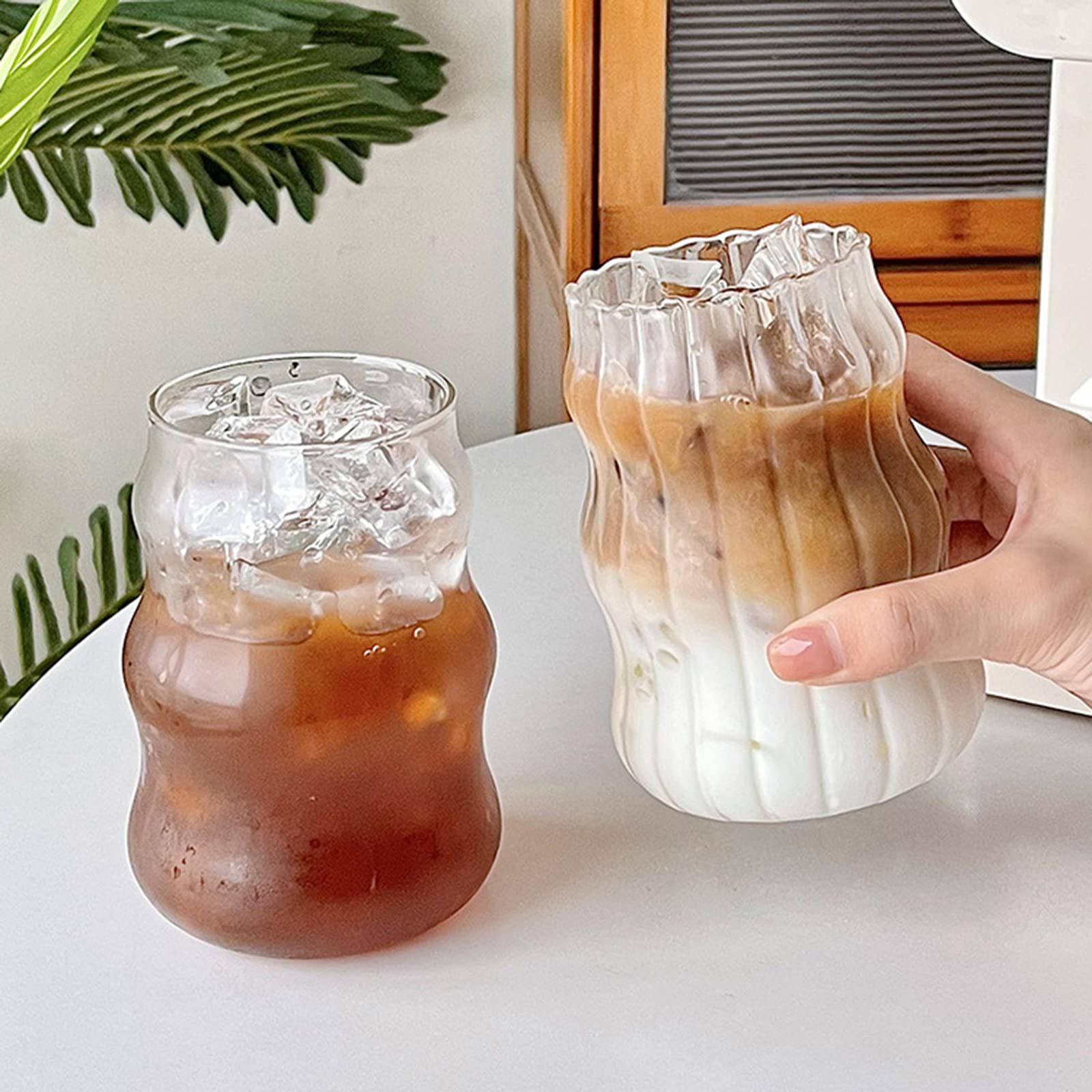 Iced Coffee Cup with Straw 18 oz Glass Clear Ripple Coffee Mug with Glass Straw and Straw Cleaner Brush Ribbed Glassware Boba Cup Smoothie Cup Water Glasses