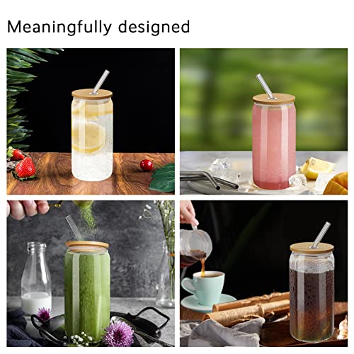 Jocuu Glass Cups with Lids and Straws, Set of 2 Beer Can Glasses, 16 oz each Ice Coffee Cup, Glass Tumbler, Drinking Jars, Drinking Glasses for Smoothie Boba Coffee Beer Tea Whiskey