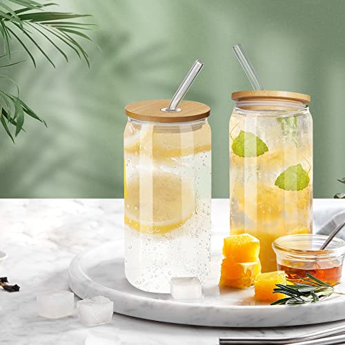 Jocuu Glass Cups with Lids and Straws, Set of 2 Beer Can Glasses, 16 oz each Ice Coffee Cup, Glass Tumbler, Drinking Jars, Drinking Glasses for Smoothie Boba Coffee Beer Tea Whiskey