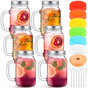 6 pcs mason jar drinking glasses set 16 oz mason jars with handle reusable mason jar cup mason jar mugs glass smoothie cups with lids and straws for iced coffee travel tea juice milk milkshake