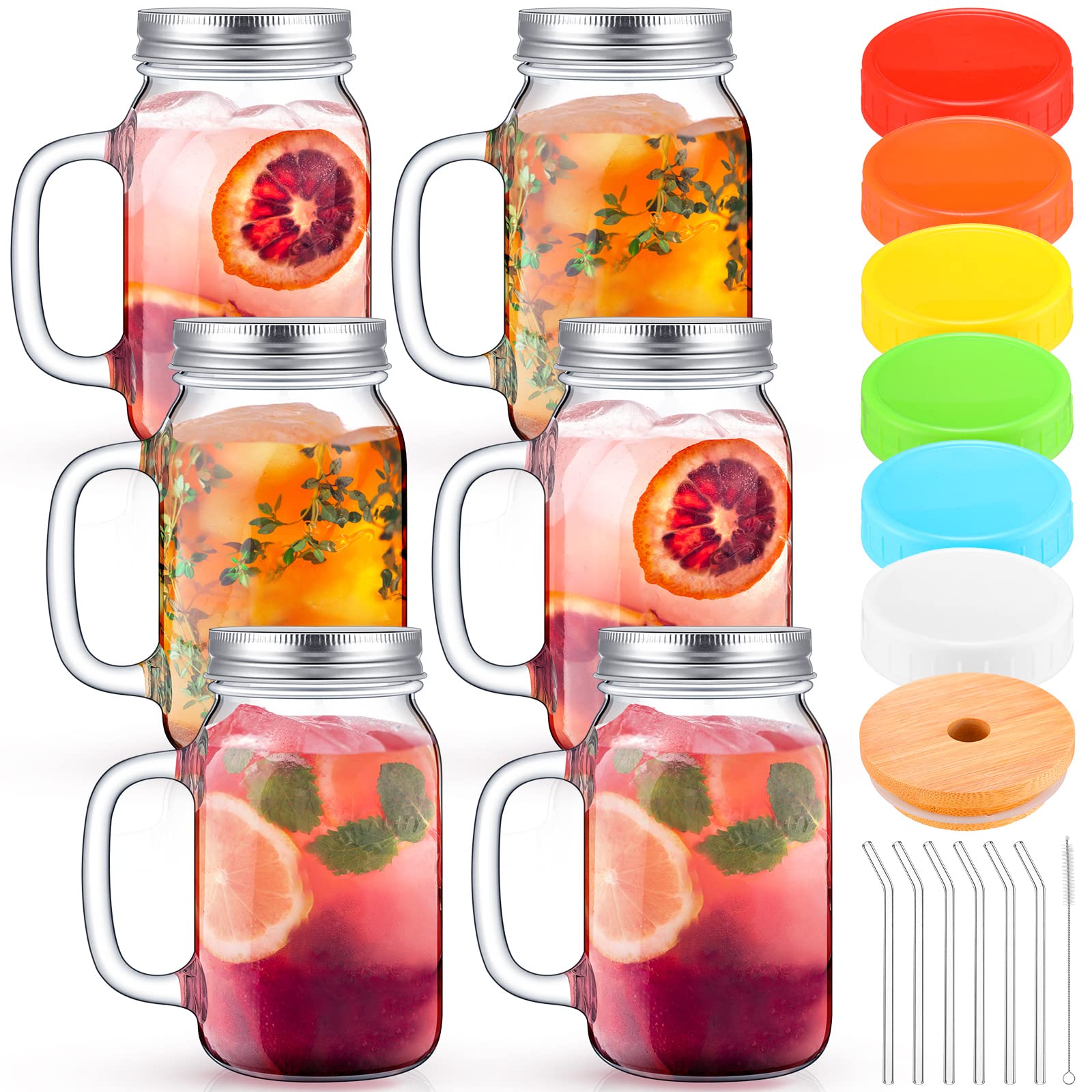 6 Pcs Mason Jar Drinking Glasses Set 16 oz Mason Jars with Handle Reusable Mason Jar Cup Mason Jar Mugs Glass Smoothie Cups with Lids and Straws for Iced Coffee Travel Tea Juice Milk Milkshake