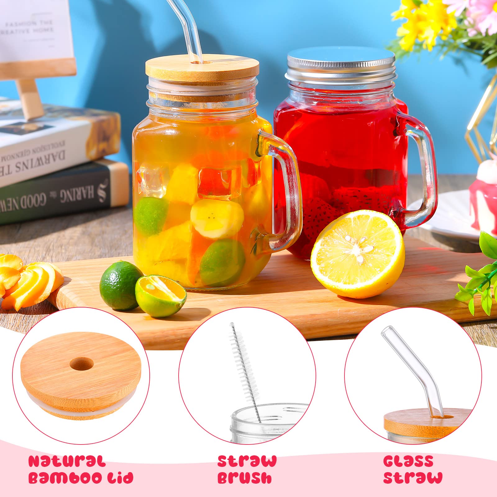 6 Pcs Mason Jar Drinking Glasses Set 16 oz Mason Jars with Handle Reusable Mason Jar Cup Mason Jar Mugs Glass Smoothie Cups with Lids and Straws for Iced Coffee Travel Tea Juice Milk Milkshake