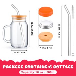 6 Pcs Mason Jar Drinking Glasses Set 16 oz Mason Jars with Handle Reusable Mason Jar Cup Mason Jar Mugs Glass Smoothie Cups with Lids and Straws for Iced Coffee Travel Tea Juice Milk Milkshake