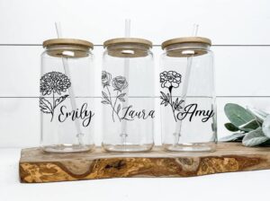 home and plan personalized birth flower jar cup with bamboo lid & plastic straw, 16 oz, bridesmaids, bachelorette gifts, gifts for mom, flower design tumbler, iced coffee glass