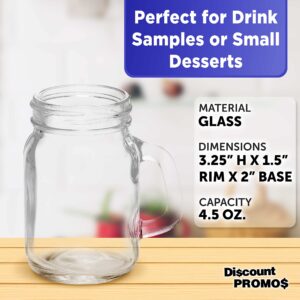 DISCOUNT PROMOS Mason Jar with Handle Set 4.5 oz. Set of 10, Bulk Pack - Sampler Glasses, Glass Jars for Overnight Oats, Candies, Fruits, Pickles, Spices, Beverages - Clear