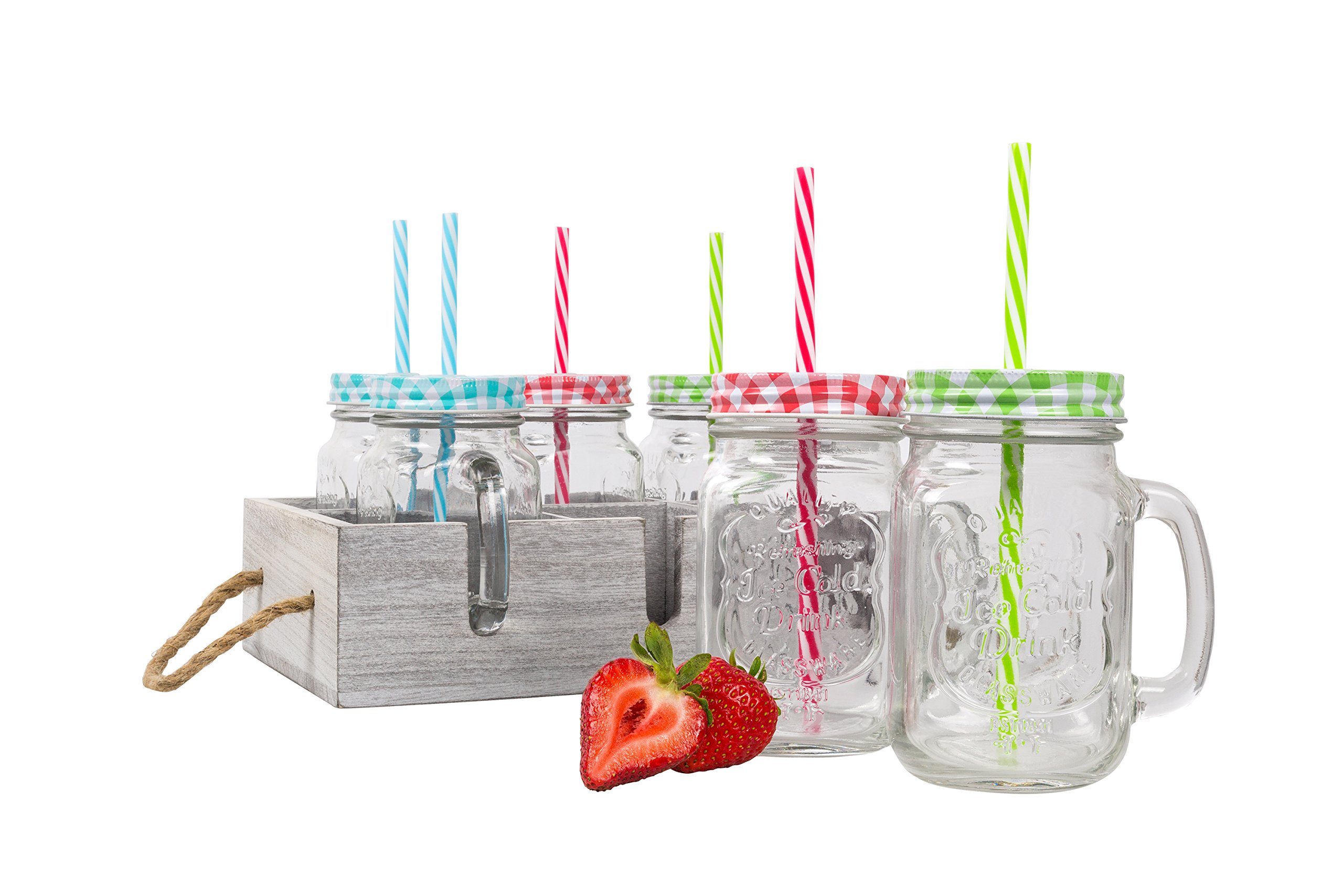 D'Eco Mason Jar Tray Set - 6 Mason Jars (16 oz ea) w/Colorful Lids & Reusable Straws & - Includes Wooden Tray for Easy Carrying, Serving, and Travel - Great for Hosting Parties & Entertaining Guests