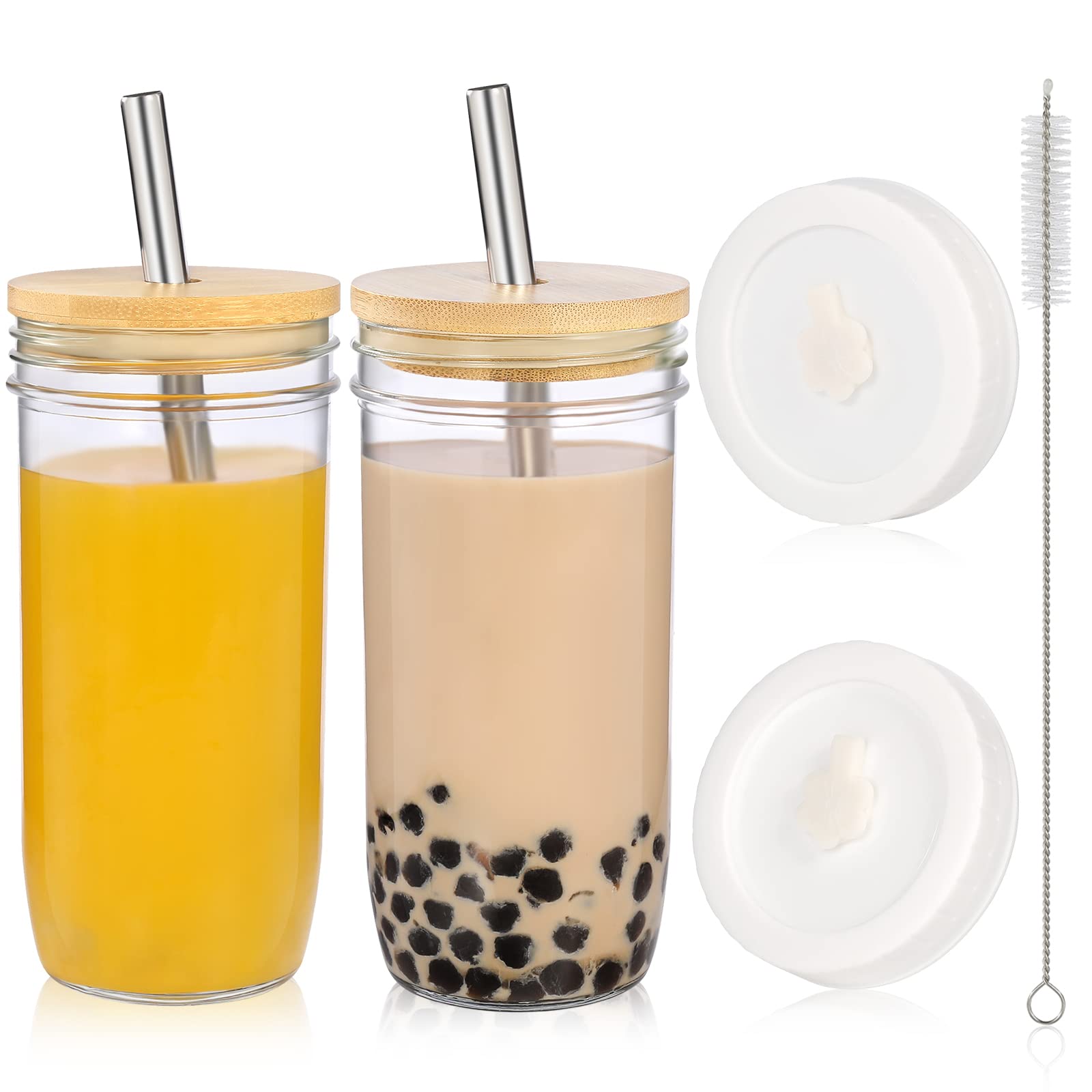 RENYIH 2 Pack 24oz Glass Cups with Bamboo Lids & Straws & 2 Airtight Lids - Reusable Glass Smoothie Cup, Iced Coffee Glasses,Travel Glass Tumbler for Milkshakes,Juice