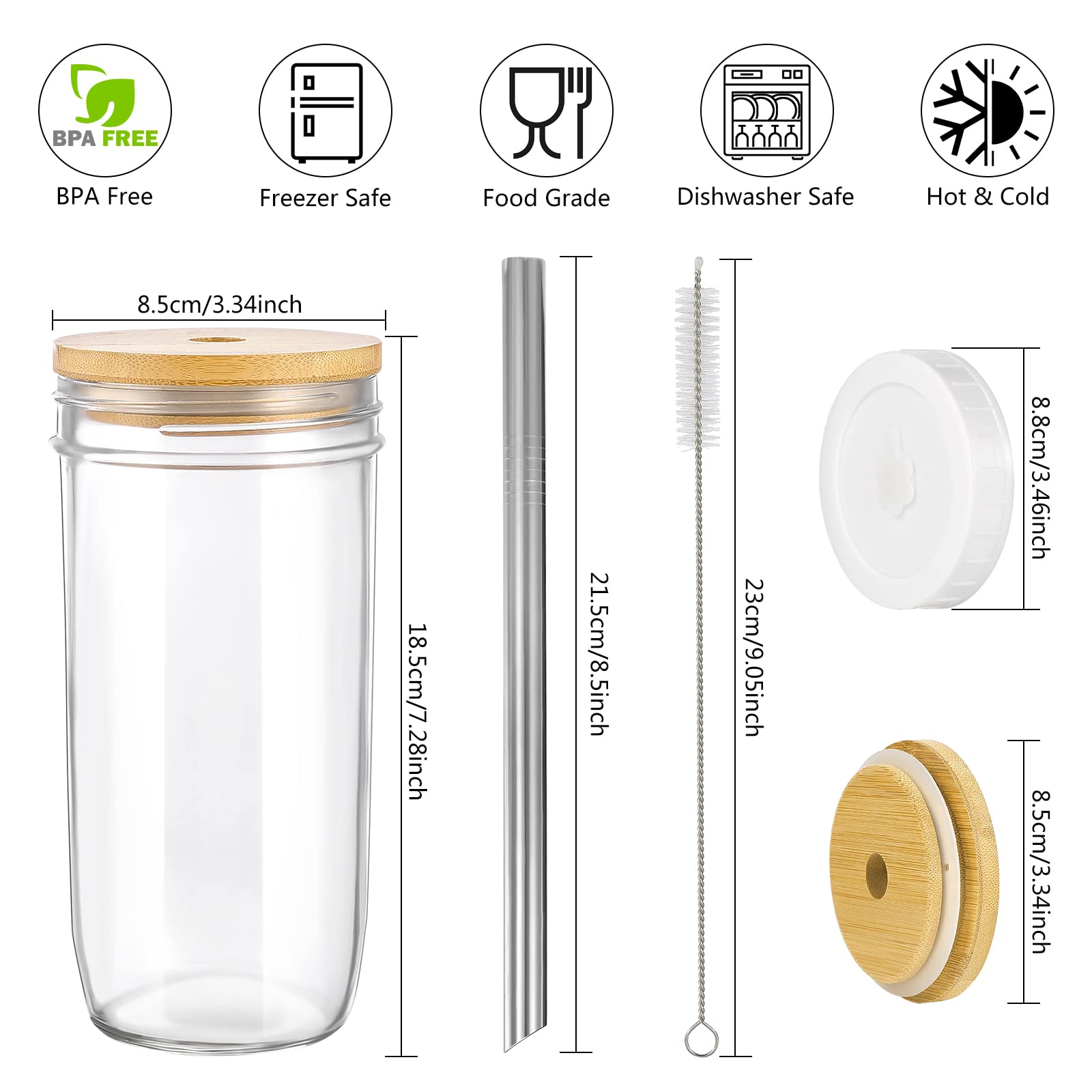 RENYIH 2 Pack 24oz Glass Cups with Bamboo Lids & Straws & 2 Airtight Lids - Reusable Glass Smoothie Cup, Iced Coffee Glasses,Travel Glass Tumbler for Milkshakes,Juice