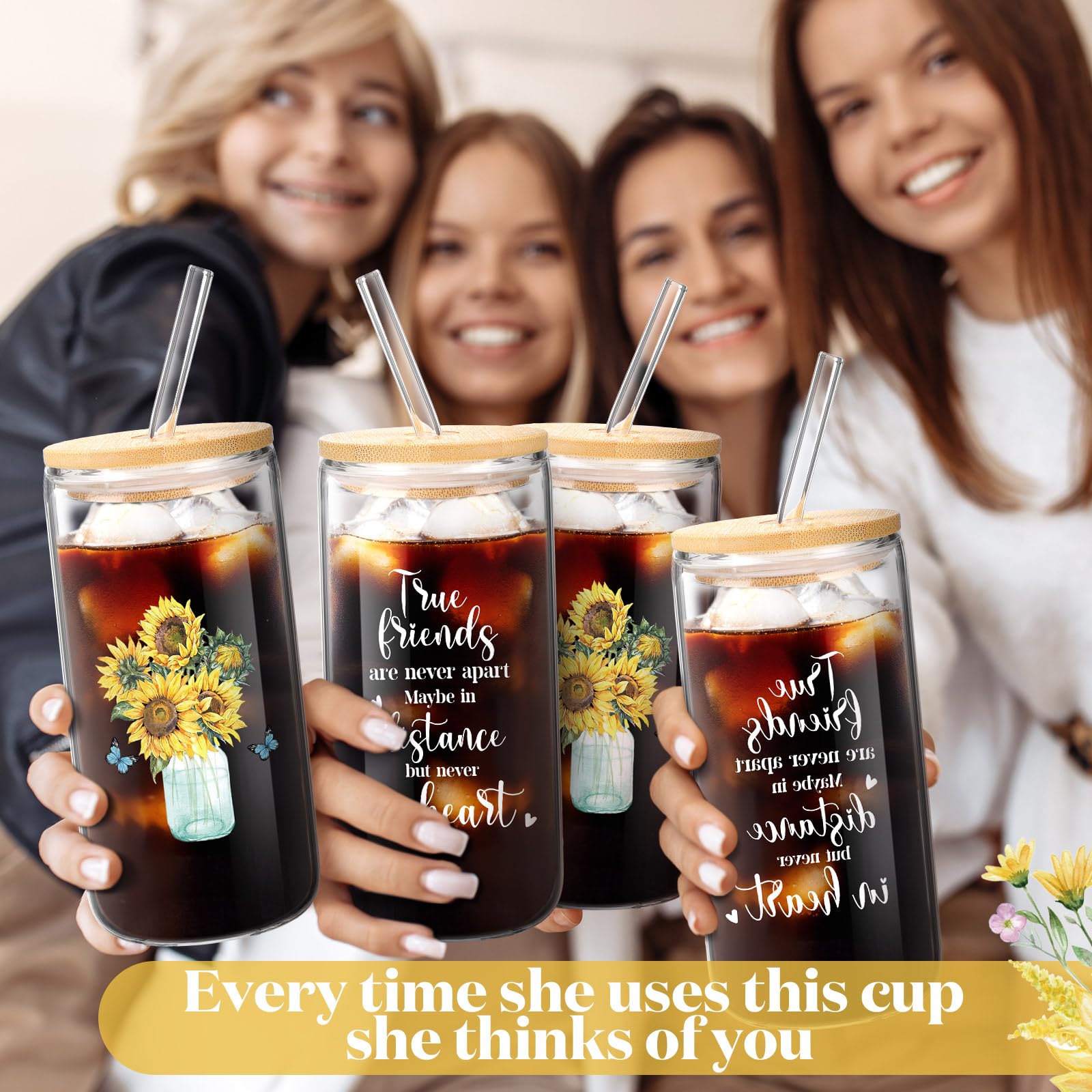 Karenhi Friend Gifts for Girls Women Friendship Gifts Birthday Gifts Sunflower Iced Coffee Cup Daisy Cup 16 Oz Can Coffee Glass with Bamboo Lids and Straw Thank You Gifts(Butterfly Style)