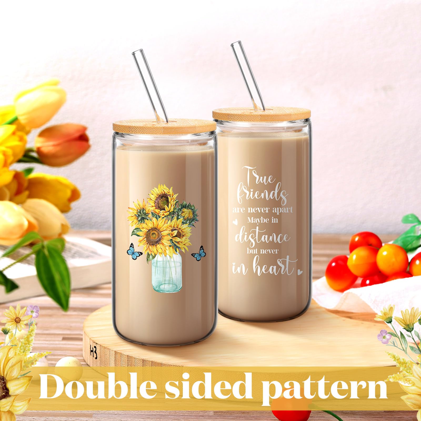 Karenhi Friend Gifts for Girls Women Friendship Gifts Birthday Gifts Sunflower Iced Coffee Cup Daisy Cup 16 Oz Can Coffee Glass with Bamboo Lids and Straw Thank You Gifts(Butterfly Style)