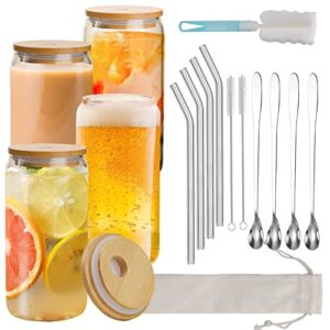 tisovixo beer can glass drinking glasses with bamboo lids and straw,16oz drinking glass cup 4pcs,iced coffee cup cocktail glassware bar accessories,beer can glass tumbler boba cup with lids and straw