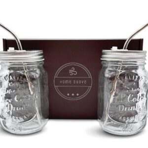 Gift Set Mason Jar Mugs with Handle, Regular Mouth Colorful Lids with 2 Reusable Stainless Steel Straw, Set of 2 (Silver), Kitchen GLASS 16 oz Jars,"Refreshing Ice Cold Drink" & Dishwasher Safe