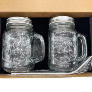 Gift Set Mason Jar Mugs with Handle, Regular Mouth Colorful Lids with 2 Reusable Stainless Steel Straw, Set of 2 (Silver), Kitchen GLASS 16 oz Jars,"Refreshing Ice Cold Drink" & Dishwasher Safe