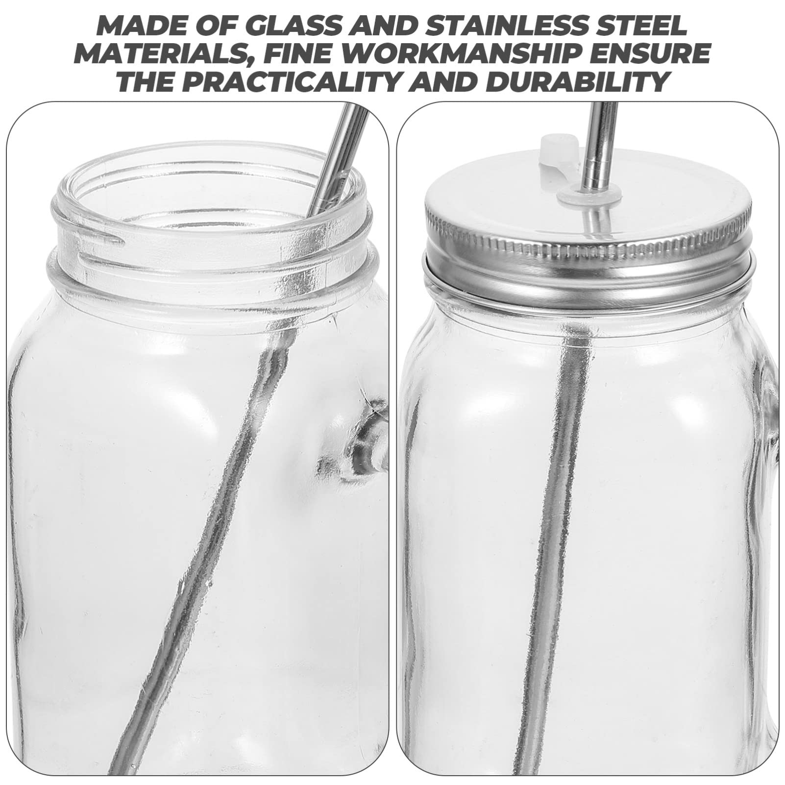 UPKOCH Mason Jar Mugs with Handles Lids and Straws Wide Mouth Clear Drinking Glass Bottle Set Old Fashioned Decorative Tumbler Cups for Coffee 750ml