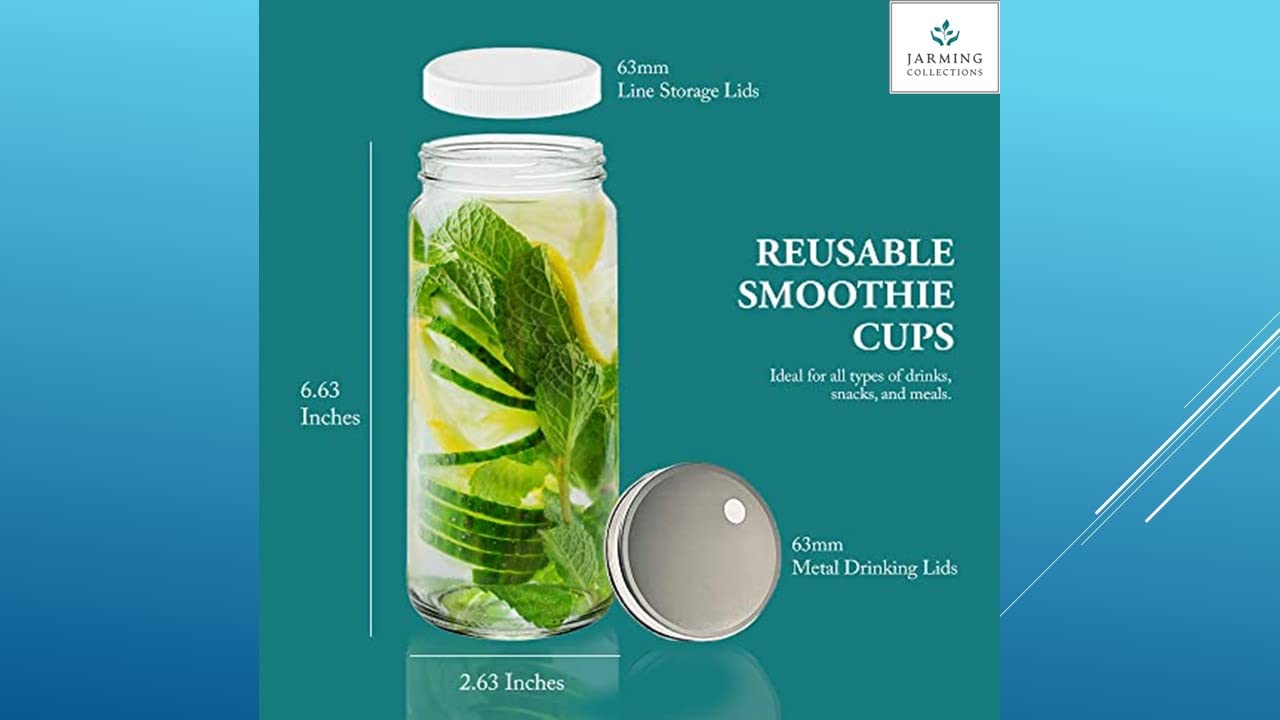 JARMING COLLECTIONS Reusable Smoothie Cups, Multi-Use Glass Bottles w/Lids & Straws, Reusable Iced Coffee Cups, Juice Bottles with BPA-Free Lids, Slushie Cup, Tea Cup, 16-oz