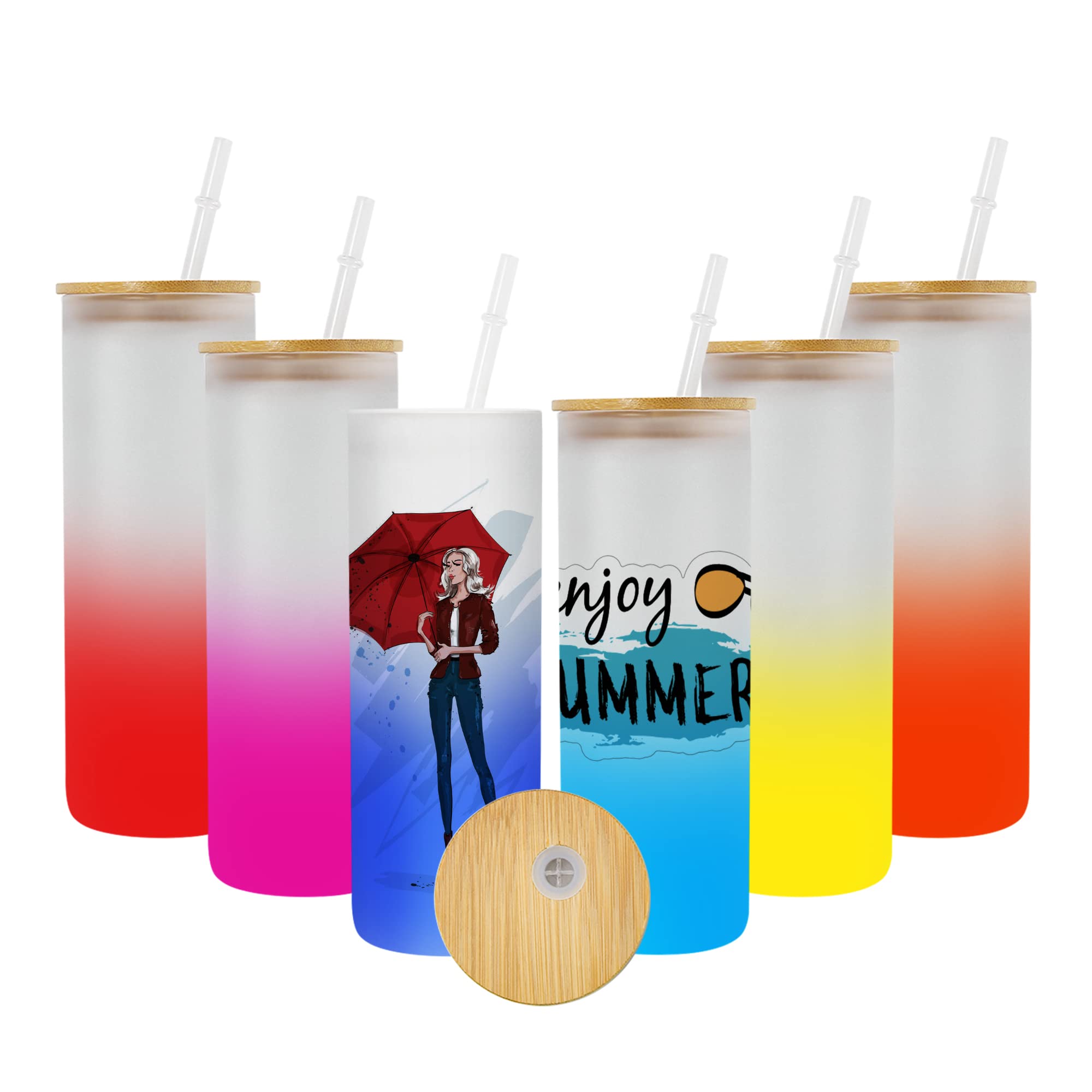 AGH 6 Pack Sublimation Glass Tumbler, Frosted Sublimation Glass Blanks with Bamboo Lid & Straw, 25oz Gradient Color Cup Tumblers Beer Can Glass Straight Sublimation Glass Tumbler, for Iced Coffee