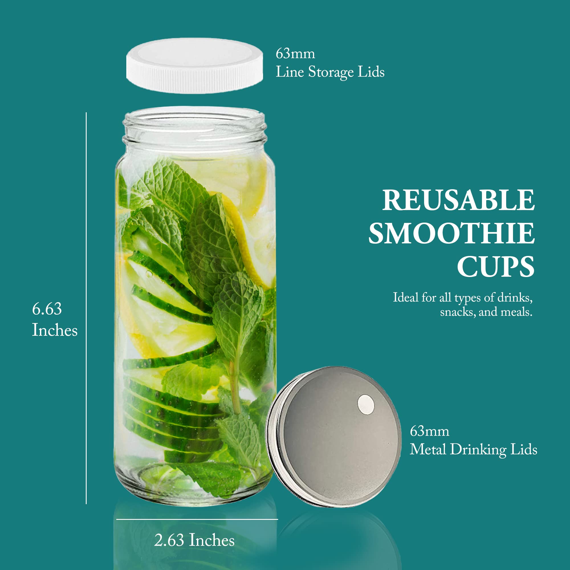 JARMING COLLECTIONS Reusable Smoothie Cups, Multi-Use Glass Bottles w/Lids & Straws, Reusable Iced Coffee Cups, Juice Bottles with BPA-Free Lids, Slushie Cup, Tea Cup, 16-oz