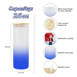 AGH 6 Pack Sublimation Glass Tumbler, Frosted Sublimation Glass Blanks with Bamboo Lid & Straw, 25oz Gradient Color Cup Tumblers Beer Can Glass Straight Sublimation Glass Tumbler, for Iced Coffee